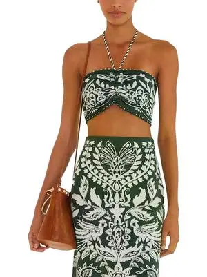 Farm Rio Miranda Halterneck Cropped Top With Beaded Embellishment - Green