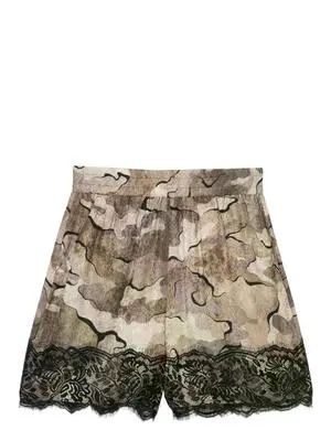 Pinko Lace-trim Camouflage Print Satin Jacquard Shorts - Neutrals