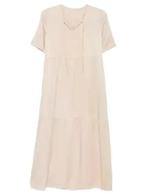 PRIVATE 0204 Tiered Midi Dress With V-neck And Self-tie Fastening - Neutrals