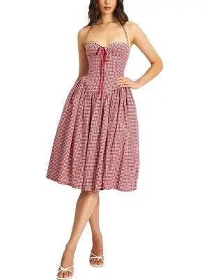 MISS CIRCLE NEW YORK Susanna Gingham Halter Midi Dress - Red