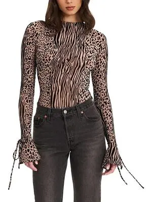 MISS CIRCLE NEW YORK Ibera Animal Print Burnout Velvet Bodysuit - Brown