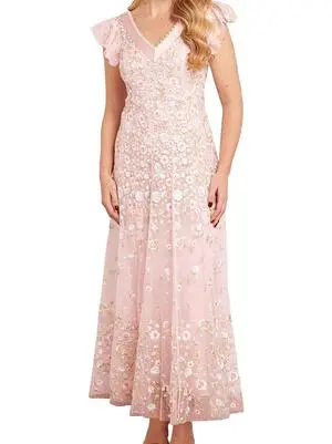 NEEDLE & THREAD Ethereal Blooms Short Sleeve Ankle Gown - Seashell/multi