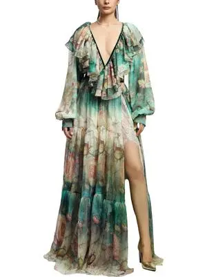 MIAU BY CLARA ROTESCU Floral Print Ruffled Dress - Blue
