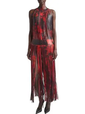 Alexander McQueen Floral Fringe Leather Maxi Dress - Black/red