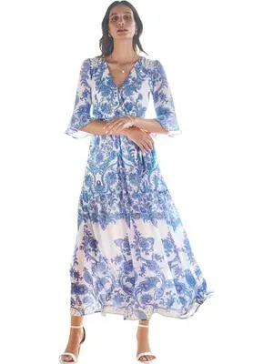 YUMI 3/4 Sleeve Paisley Wrap Midi Dress - Blue