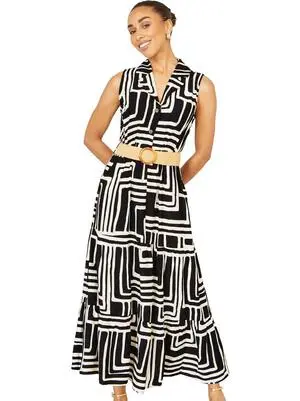 YUMI Geo Print Sleeveless Midi Shirt Dress - Black