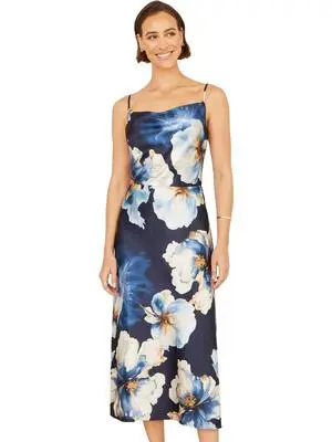 YUMI Cowl Neck Floral Print Slip Dress - Navy