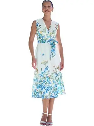 YUMI Butterfly Print Midi Wrap Dress - Ivory