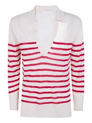 Majestic International Oversized Striped Linen Polo Shirt - Red