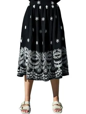 YUMI Embroidered Midi Skirt - Black