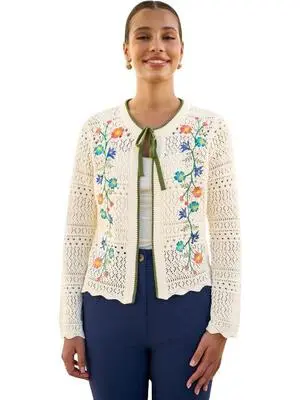 YUMI Crochet-knit Tie-front Cardigan - Ivory