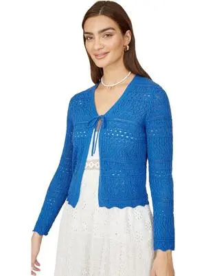 YUMI Crochet Tie Front Cardigan - Blue
