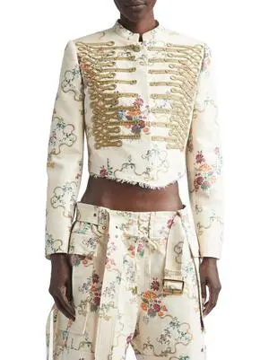 Alexander McQueen Embroidered Floral Jacquard Crop Jacket - Beige Multi
