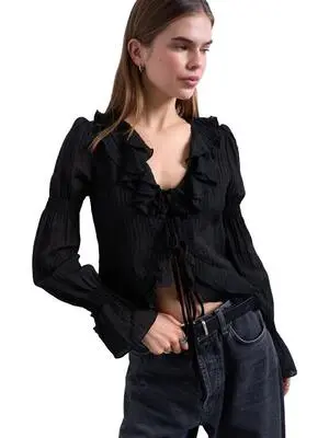 Topshop Ruffle Tie Front Crop Top - Black