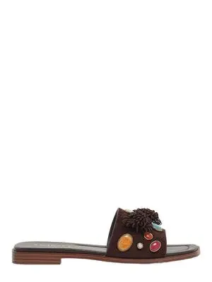 TWINSET Suede Mule Sandals With Stone Embellishments - Coffee