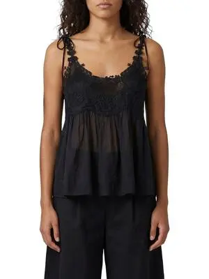 TWINSET Sleeveless Cotton Top With Lace Inserts And Embroidery - Black