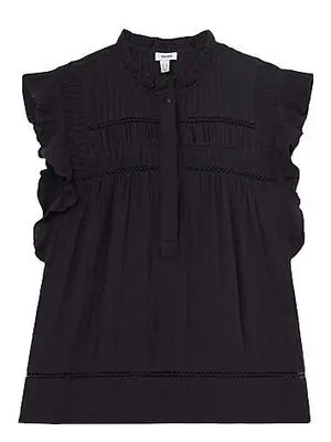 REISS Florie Ruffle-neck Cheesecloth Cotton Top - Navy