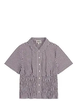 OMNES Gingham Shirred Cotton Blouse - Chocolate Gingham