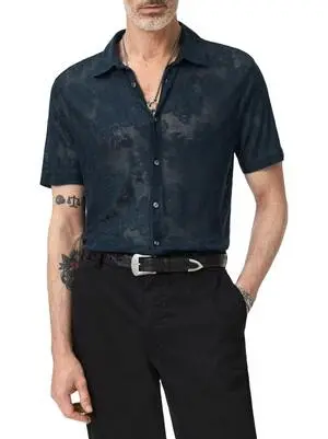 John Varvatos Biaggio Jacquard Mesh Short Sleeve Button-up Shirt Deep Blue