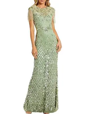 Mac Duggal Petite Beaded Fringe High-neck Fitted Evening Gown - Sage
