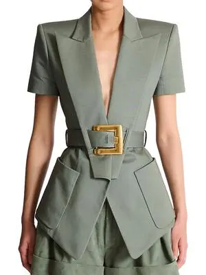 Balmain Belted Gabardine Anthem Jacket - Green
