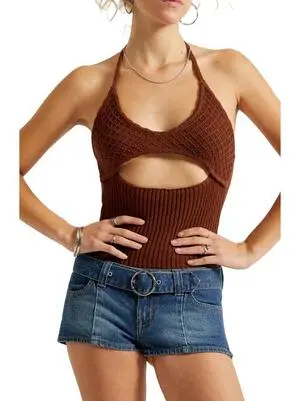 PACSUN Knit Halter Neck Crop Tank - Brown