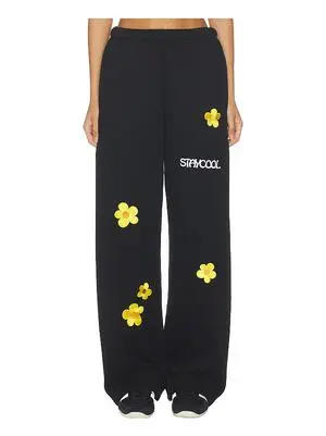 STAY COOL Sunflower Embroidered Fleece Lined Sweatpants - Black