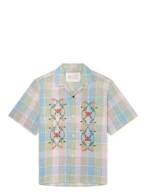 KARDO Ronen Camp-collar Floral-embroidered Checked Cotton And Linen-blend Shirt - Multi