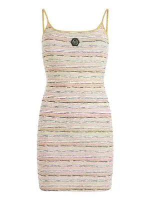 Philipp Plein Square Neck Mini Dress With Striped Logo Appliqu - Neutrals