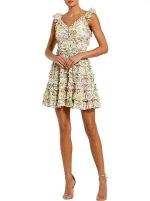 Mac Duggal Floral Printed Ruffled Tiered Sleeveless Mini Dress - White Multi