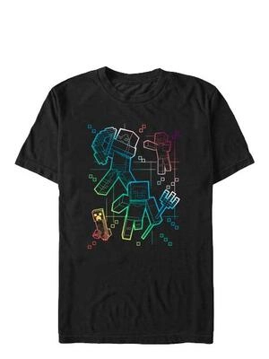 MINECRAFT Rainbow Characters Lines Short Sleeve Graphic T-shirt - Black