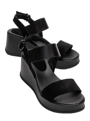 FOREVER & ALWAYS SHOES Lolanthe Leather Wedge Sandal Black Suede