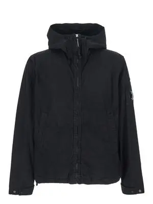 C.P. COMPANY Cotton Hooded Blouson Jacket With Logo Patch - Black
