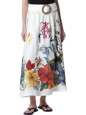 Farm Rio Linen Skirt With Tropical Embroidery - Multicolor