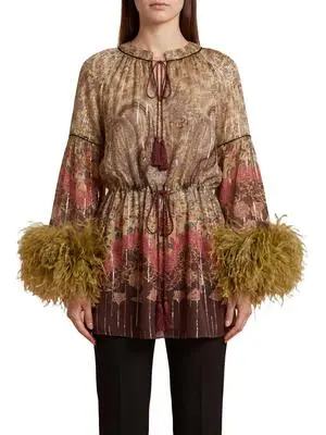 Valentino Garavani Paisley Print Silk Blouse With Ostrich Feather Cuffs - Beige
