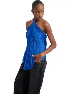Topshop Pleated Knot Neck Halter Top - Medium Blue