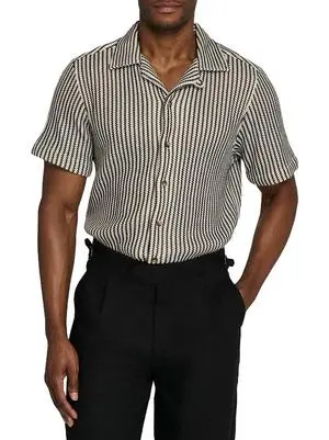 BROOKLYN BRIGADE Bedford Striped Crochet Camp Shirt - Black/brown