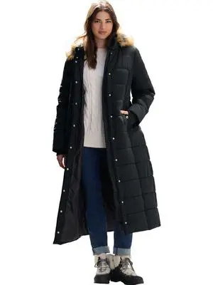 Roaman's Maxi Length Puffer Coat With Detachable Hood - Black