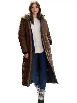 Roaman's Maxi Length Puffer Coat With Detachable Hood - Chocolate