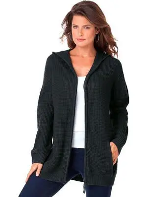 Roaman's Roaman's Waffle Knit Zip-Front Relaxed Hoodie Black
