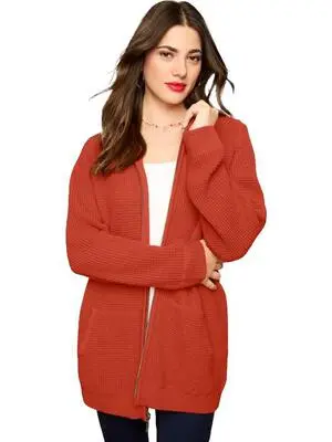 Roaman's Roaman's Waffle Knit Zip-Front Relaxed Hoodie Copper Red
