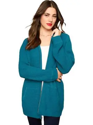 Roaman's Roaman's Waffle Knit Zip-Front Relaxed Hoodie Deep Teal