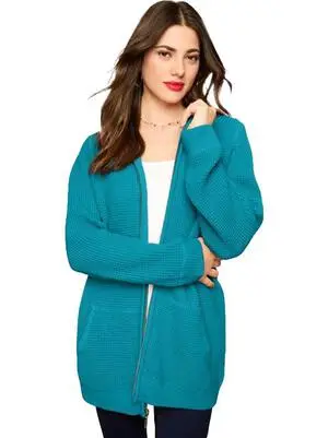 Roaman's Roaman's Waffle Knit Zip-Front Relaxed Hoodie Deep Turquoise