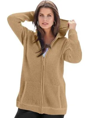 Roaman's Roaman's Waffle Knit Zip-Front Relaxed Hoodie Soft Camel