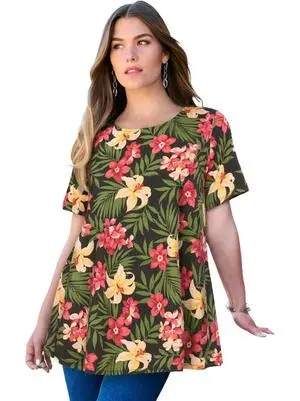 ROAMAN'S Ultimate Cotton Crewneck Short Sleeve Swing Tee - Black Tropical Floral