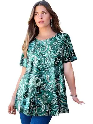 ROAMAN'S Ultimate Cotton Crewneck Short Sleeve Swing Tee - Emerald Paisley Vines
