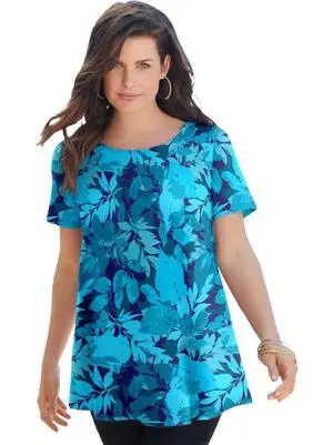 ROAMAN'S Ultimate Cotton Crewneck Short Sleeve Swing Tee - Navy Layered Leaves