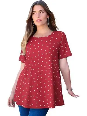 ROAMAN'S Ultimate Cotton Crewneck Short Sleeve Swing Tee - Red Mini Hearts