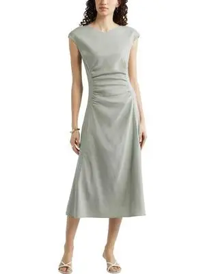 Nordstrom Linen Blend Ruched Midi Dress Green Chaparral