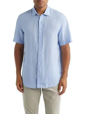 Bugatchi Orson Shaped Fit Short Sleeve Linen Button-up Shirt - Sky